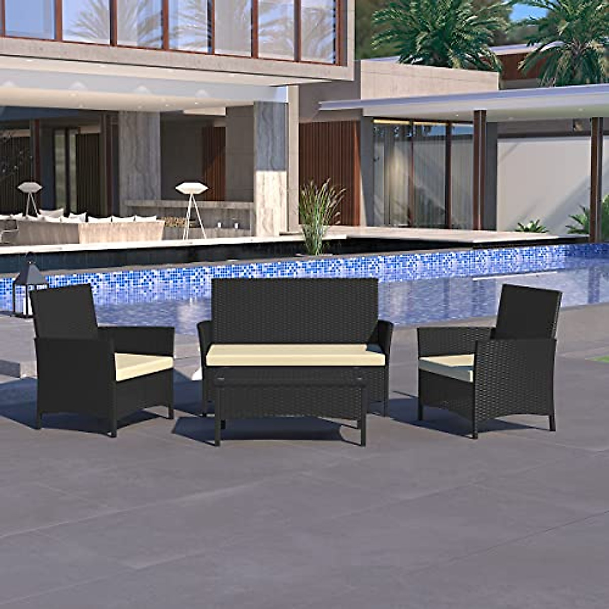 IDS Online MLM-17240 1 Loveseat 2 Single Chairs Cushion, Leisure Glass Top Coffee Table for Garden Lawn Poolside Backyard 4 Piece Rattan Pattio Outdoor Furniture Wicker Conversation Set, Black-White