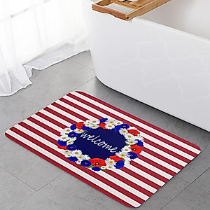 DIFNARY July 4th Bath Rugs Red Poppy Flowers Daisy Independence Day Holiday Sponge Doormat Absorbent Non Slip Backing Flannel Mat White and Red Stripe Memory Foam Mats for Bathroom Kitchen, 16x24In