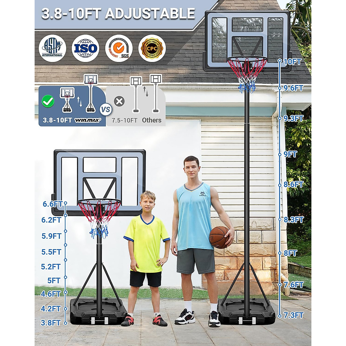 WIN.MAX Basketball Hoop Outdoor 3.8-10ft Adjustable Height, 44inch Backboard, Swimming Pool Basketball Hoop & Goal for Kids/Adults Indoor