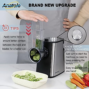 Anatole Electric Cheese Grater Shredder 250W Stainless Steel Automatic Vegetable Chopper Slicer Professional Salad Maker Food Processor Machine with 5 Blades for Home Kitchen BPA-Free 110V US-Plug