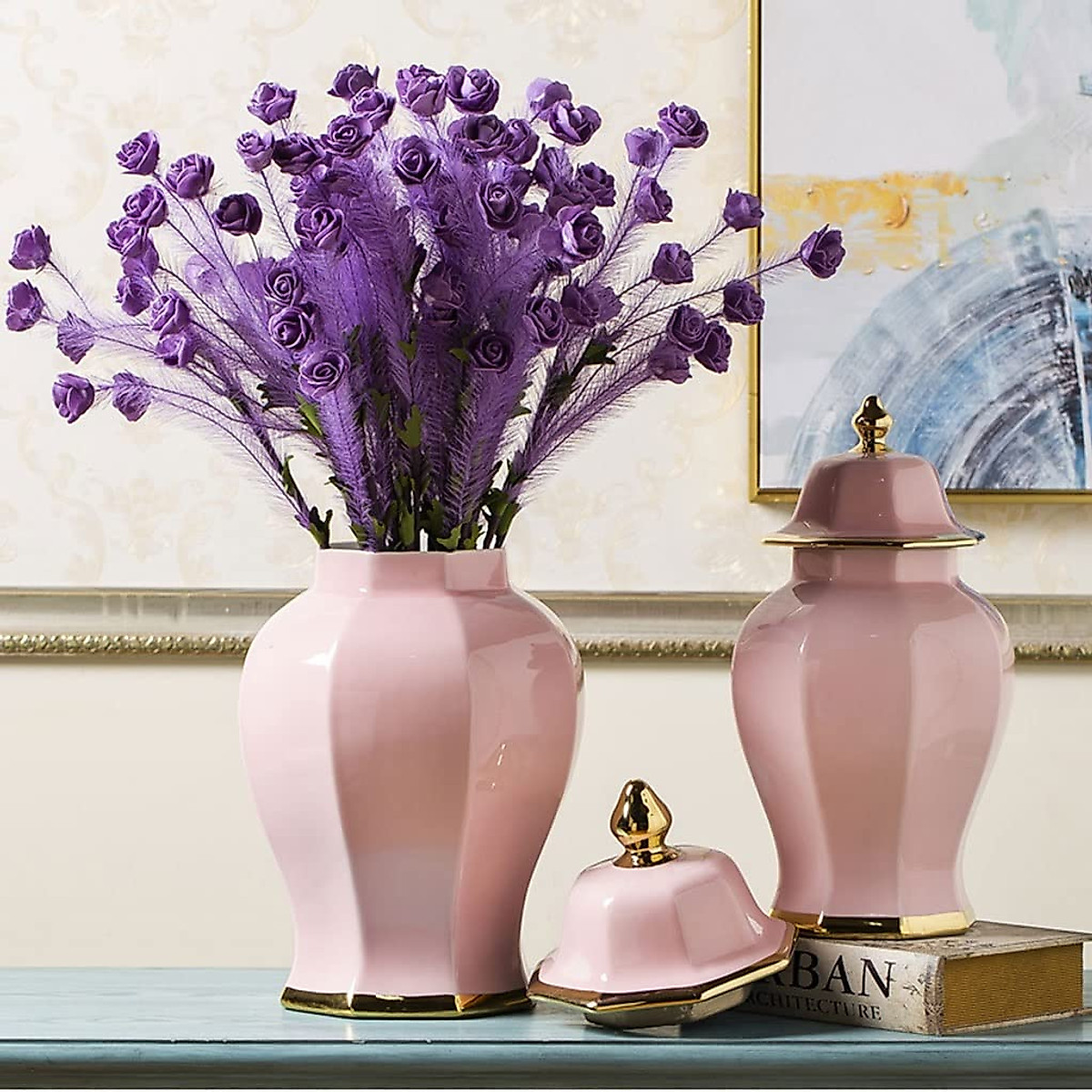 Handmade Pink Hexagon Ginger Jar Vase Ornament, Home & Living Room Decorative Jar, Gold-Plated Ceramic Temple Jar (Size : Large)