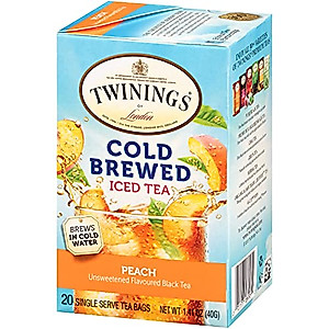 Twinings Cold Brewed Iced Tea Bags, Peach - Ready in 5 Minutes, Flavoured Black Tea Cold Brew Bags, Caffeinated, Unsweetened, 20 Count