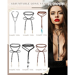 Sureio 6 Pcs Women Black Leather Velvet Long Choker Gothic Boho Brown Wrap Velvet Choker Long Chain Tassels Modern Choker with Velvet Bag for Girls Cowgirl