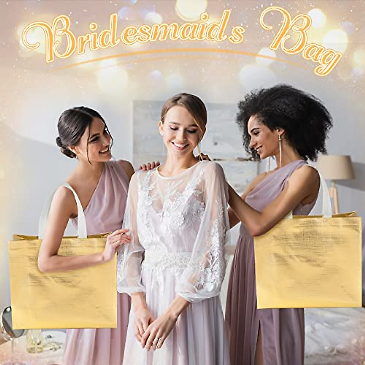 72 Pack Reusable Gift Bags with Handles Glossy Reusable Grocery Bags Tote Bags for Wedding Bridesmaid Birthday Christmas(Gold)