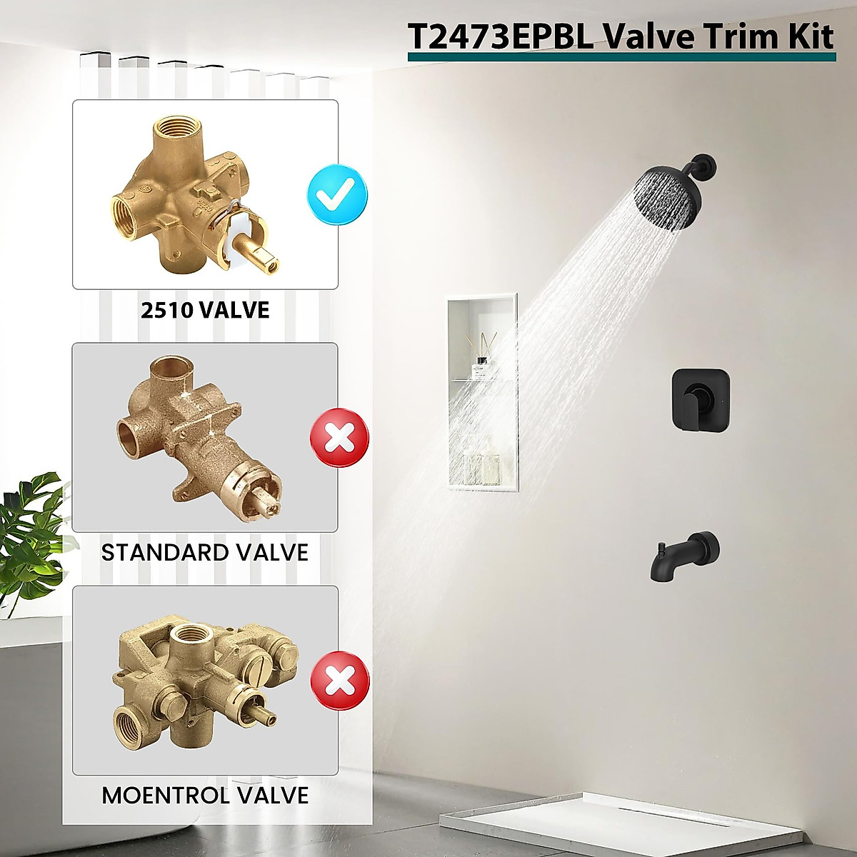 T2473EPBL Black Shower System Compatible with moen T2473EPBL Shower Trim Kit, Including Showerhead, Shower Handle and Tub Spout(POS-Temp Valve Required)