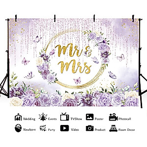 MEHOFOND 7x5ft Mr and Mrs Violet Wedding Backdrop for Bridal Shower Purple Flowers Dripping Glitter Photography Background Gold Geometric Couple Wedding Party Decor Bride to Be Engagement Banner Prop
