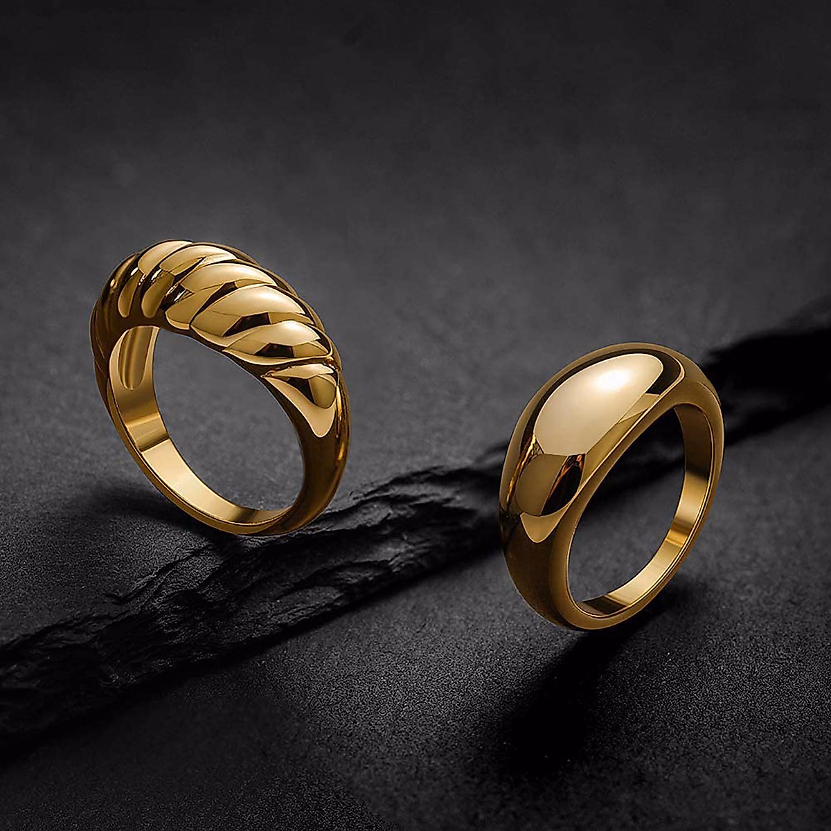 JINEAR 18k Gold Plated Croissant Braided Twisted Signet Chunky Dome Ring Stacking Star Band for Women and Men Statement Wedding Ring Minimalist Jewelry
