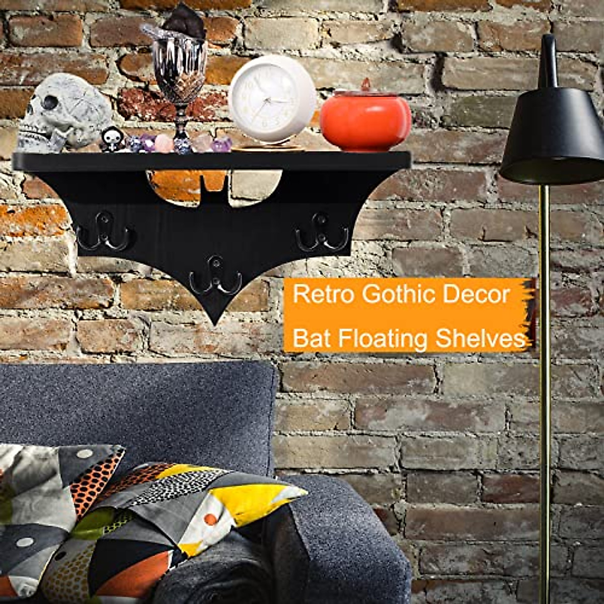 WK&YOHFY Bat Shelf Gothic Home Decor Floating Shelves-Gothic Shelves for Oddities and Curiosities-Bat Decor Spooky Hanging Shelf with 3 Double Hooks
