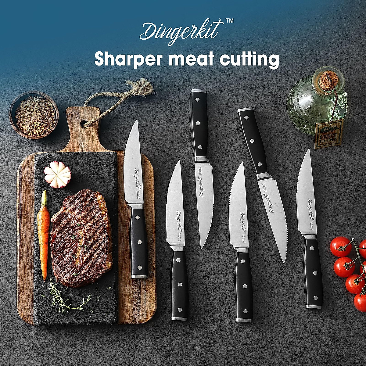 Dingerkit Steak Knives Set of 6, Black Steak Knives - Serrated High Carbon Stainless Steel Steak Knife Set for Dinner Knives Set with Gift Box, 5″ Inches