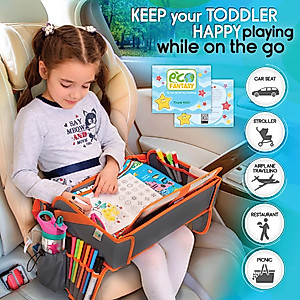 ECOFANTASY 2 PK Kids Travel Tray w/Dry Erase Top - Car Seat Travel Tray Table for Toddler - Travel and Road Trip Essentials Kids - Car Lap Desk with Storage