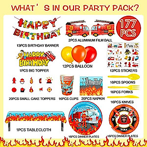 Fire Truck Birthday Party Supplies,155pcs Fire Truck Birthday Party Decorations for Boys-Firetruck Birthday Decorations Balloons Plates Napkins Tablecloth etc Fire Truck Themed Birthday Party Supplies