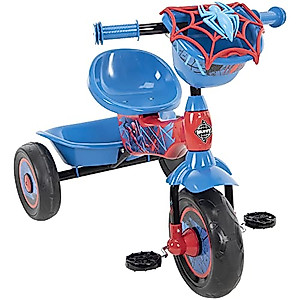 Huffy Marvel Spider-Man 3 Wheel Preschool Training Tricycle with Steel Frame, Storage Basket, Red & Blue, 19.5 x 10 x 13.6 inches