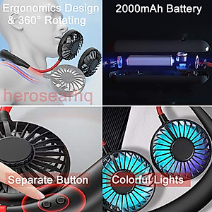 USB Neck Hanging Fan Personal Hands-Free Fan Neckband Fan - Rechargeable 2000mAh/Colorful LED/3 Speeds/360 Degree Headphone Design for Home, Sport, Camping, Beach, Travel, Office - Black