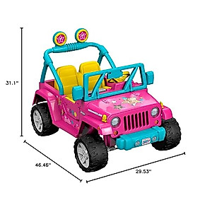 Fisher-Price Power Wheels Battery Powered Barbie Jeep Wrangler Car with Steering Wheel, Music Playing Radio, Roll Bar, and Power Lock Brakes