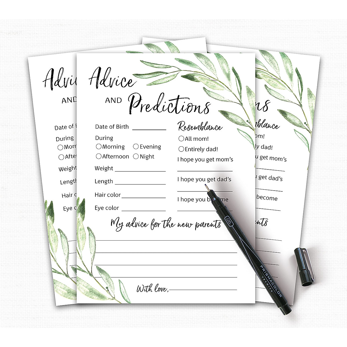 GREENERY Prediction and Advice Cards,Pack of 25, New Parents Mom & Dad to be Mommy & Daddy Message, Rustic Floral Green Olive Branch Couples Coed Shower Activity Keepsake Book G320-PDAV