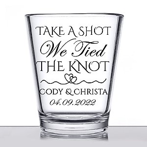 Personalized wedding shot glasses, take a shot we tied the knot, cute customizable wedding favors for guests, custom shot glasses, personalized wedding favors, wedding glasses