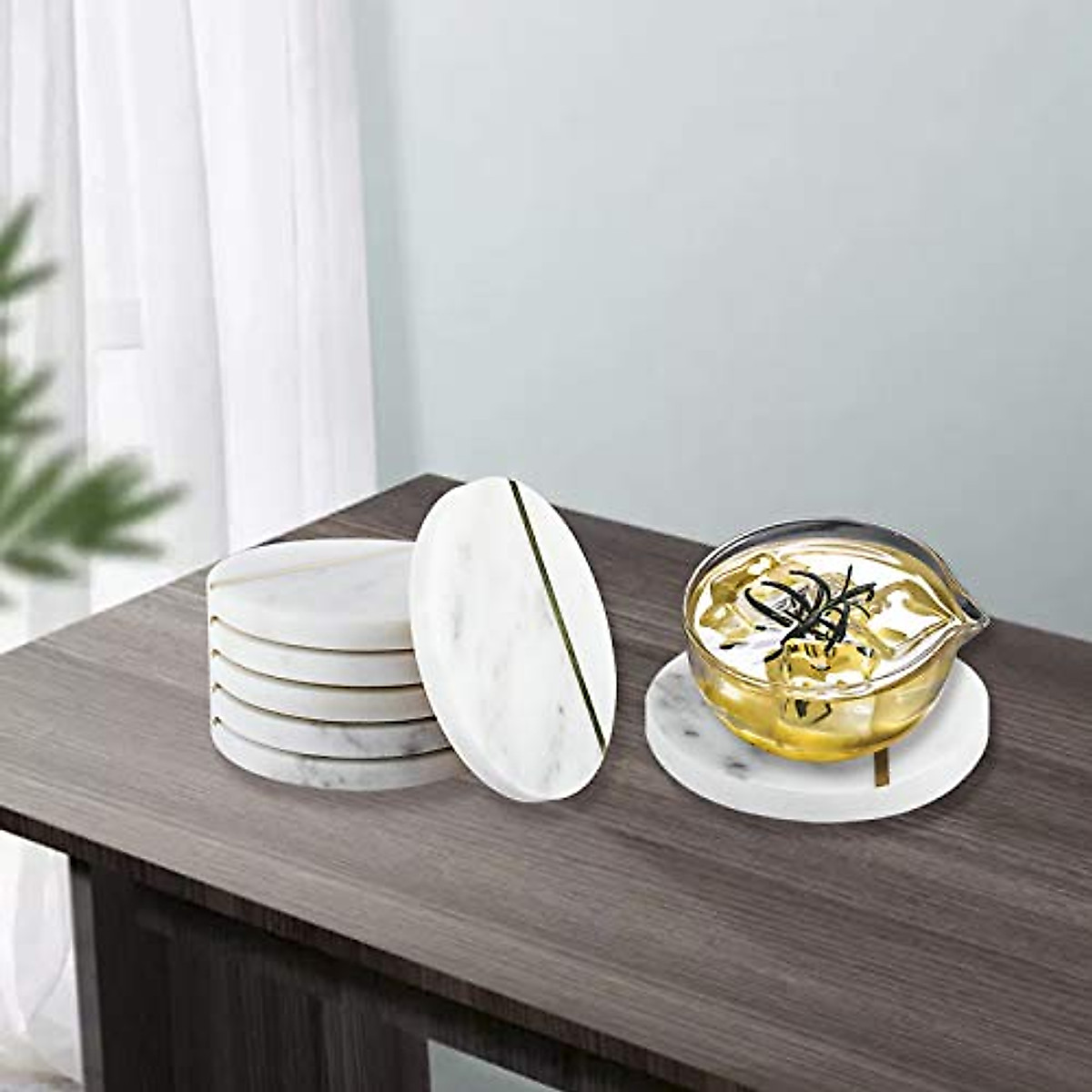 HighFree 6 Pack Absorbent Marble Coasters with Gold Brass Inlay, Handcrafted White Marble Coasters for Coffee Table Drinks/Bar Glasses, 4 Inches