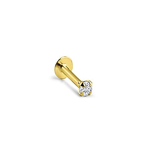 Nose Ring Bling 14k Yellow Gold Threadless Push Pin Labret Nose Ring Stud 3/8 inch 9mm Post 3mm Clear CZ 18G F5652-3mm-YG-18G-3/8
