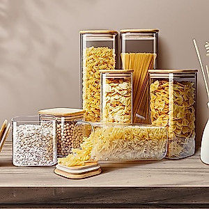 HomArtist Square Glass Jars with Bamboo Lids 34 FL OZ [Set of 6], Glass Canisters with Airtight Lid, Glass Food Storage Container for Pasta, Flour, Sugar, Rice, Best for Kitchen & Pantry