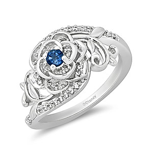 Jewelili Enchanted Disney Fine Jewelry Sterling Silver with 1/6 CTTW Diamond and London Blue Topaz Cinderella 70th Anniversary Gardenia Flower Ring Size 6