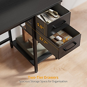 CubiCubi Computer Desk with Drawers, 47 Inch Reversible Office Desk with Monitor Stand and Storage Shelves, Work Writing Study Desk Table for Home, Black