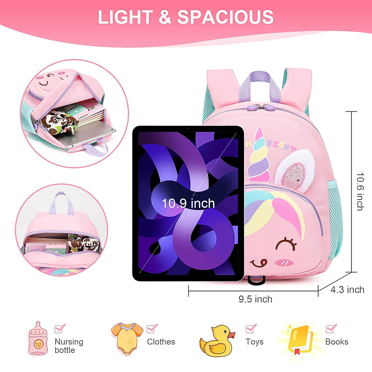 Mini Toddler Backpack for Girls Kids Backpack for Perschool with Toddler Harness Leashes 3D Cartoon Unicorn Kindergarten Schoolbag for Little Girl Boy Ages 12M+
