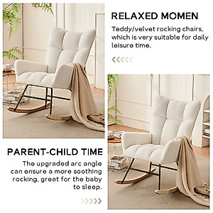 Sudwesto Modern Nursery Rocking Chair, Upholstered Glider Chair with High Backrest, Rocker Accent Armchair with Solid Wood Legs for Nursery Bedroom Living Room (Cold White Teddy)
