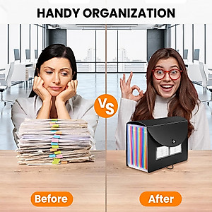 Sooez 24 Pockets Expanding File Folder with Blank Labels, According File Organizer with Expandable Cover, Desktop Accordion Folders Letter A4 Paper Document Storage Organizer, Black