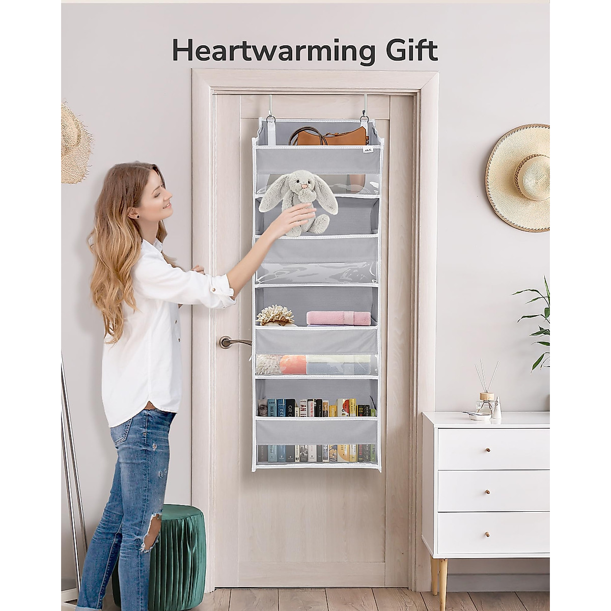 ULG 2 Pack Over The Door Storage Organizer with 4 Pockets 8 Mesh Side Pockets, 36 lbs Weight Capacity Door Hanging Organizers for Bedroom,Bathroom,Nursery,Pantry,Dorm(Light Gray)