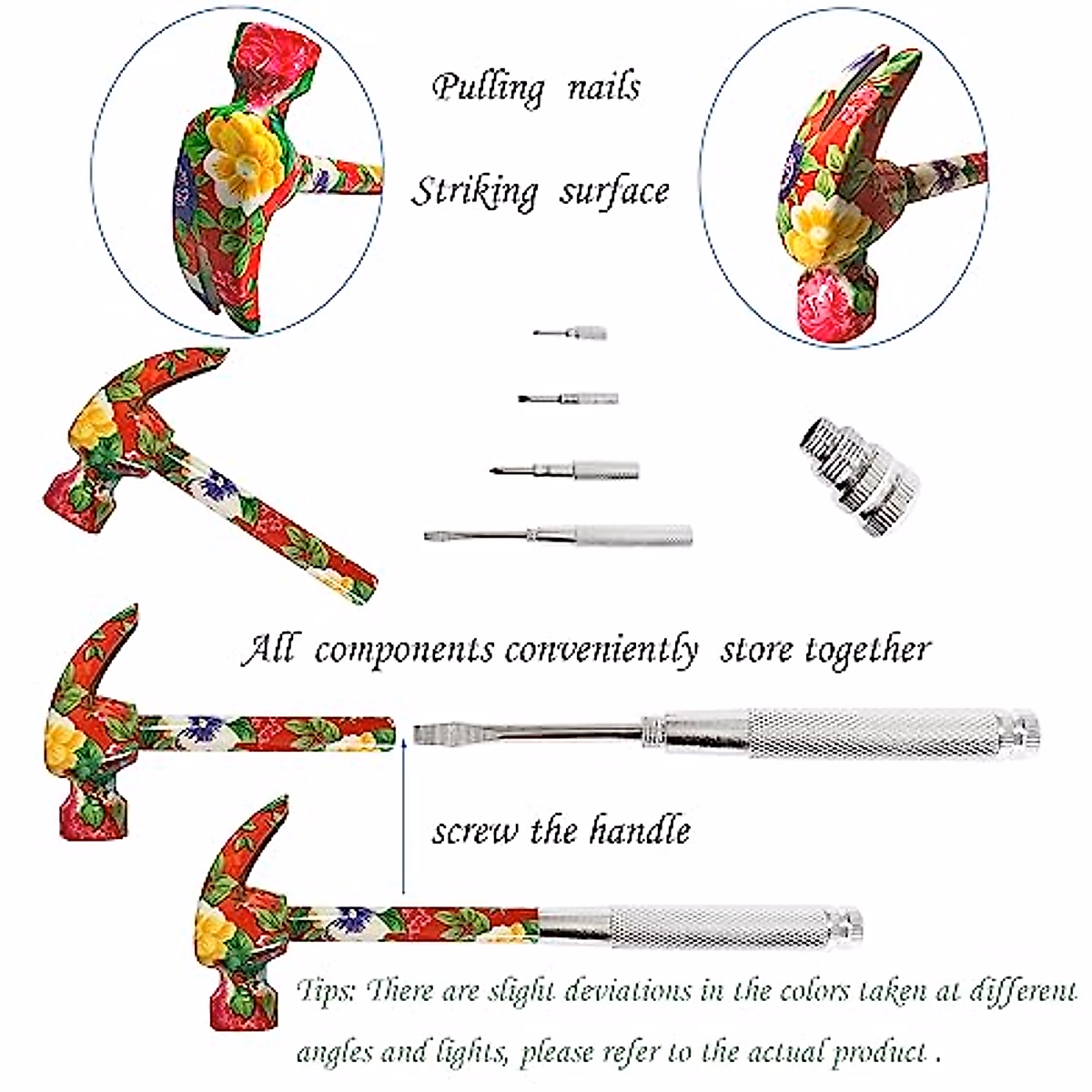 6 in 1 Flower Hammer & Screwdriver Tool, All In One Screwdriver Hammer Tools Set with Screwdriver, Best Gift for Birthday Valentine's Mother's day Christmas Thanksgiving Halloween(Red)
