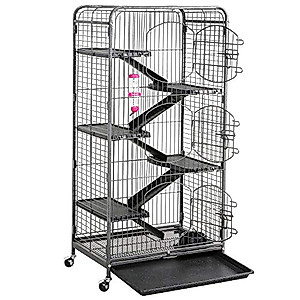 Yaheetech Multi Levels Rolling Large Ferret Cage - 52-inch Pet Chinchilla Bunny Squirrels Cage Small Animals Hutch w/ 3 Front Doors/Bowl/Water Bottle Black