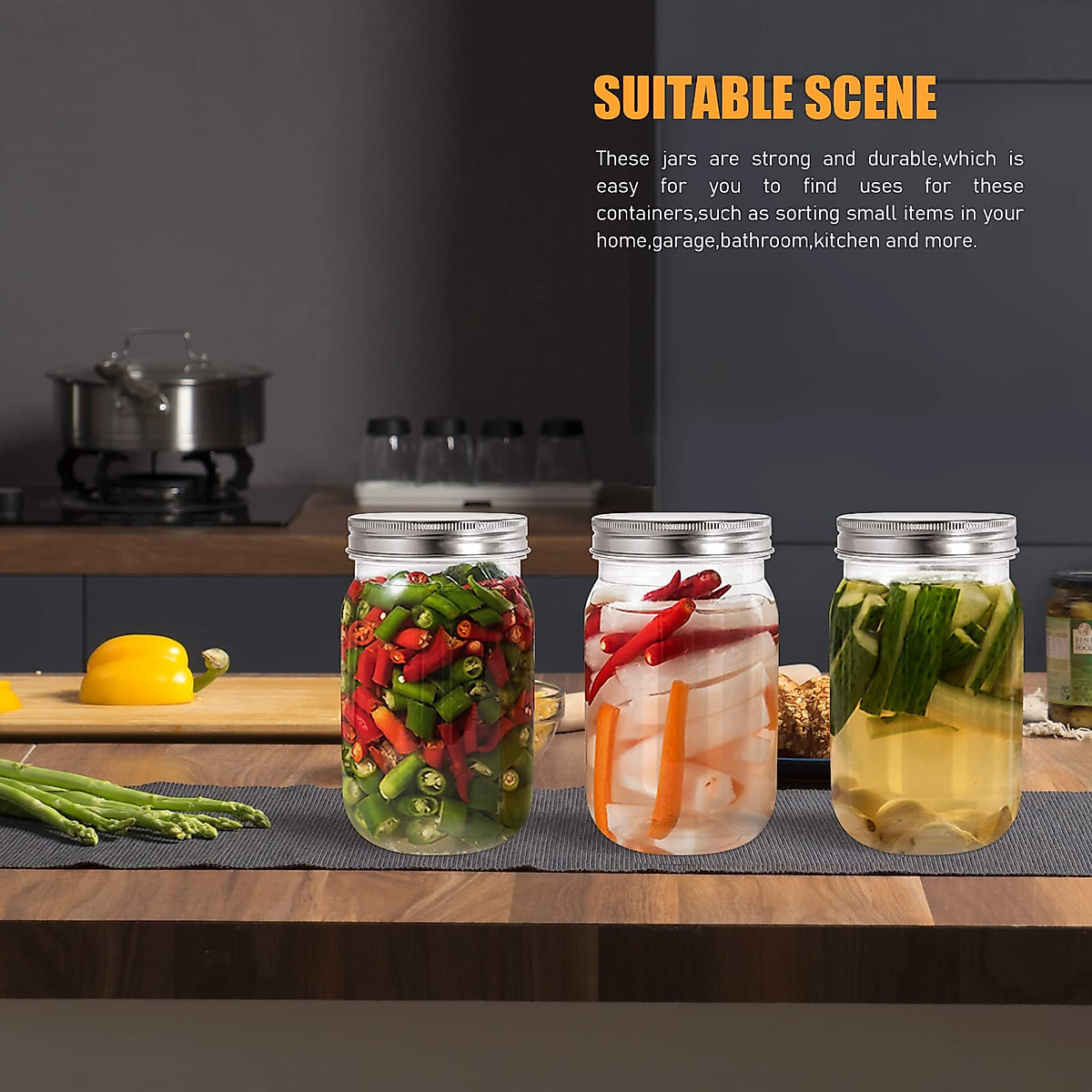 FIREBOOMOON 6 Pack 16 Ounce Clear Plastic Mason Jars Containers With Screw Sealing Metal Tinplate Lids,Refillable Empty PET Plastic Slime Candy Storage Jars Containers for Home Kitchen Art Craft