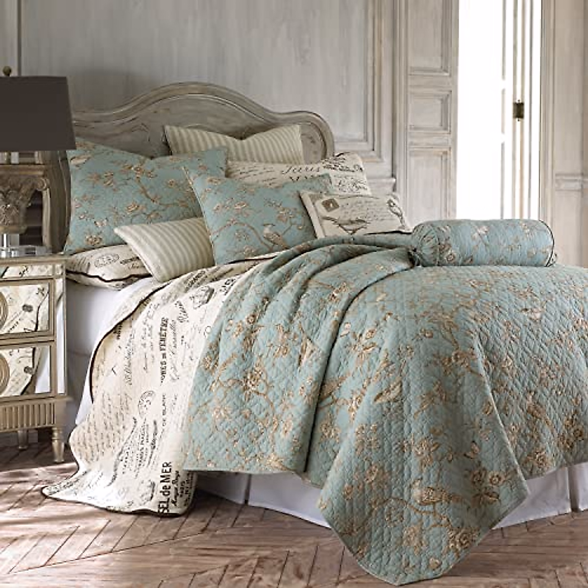 Levtex Home - Lyon Teal Quilt Set - King/Cal King Quilt + Two King Pillow Shams - Bird Toile - Teal, Brown, Cream - Quilt Size (106x92in.), Sham Size (36x20in.) - Reversible - Cotton Fabric