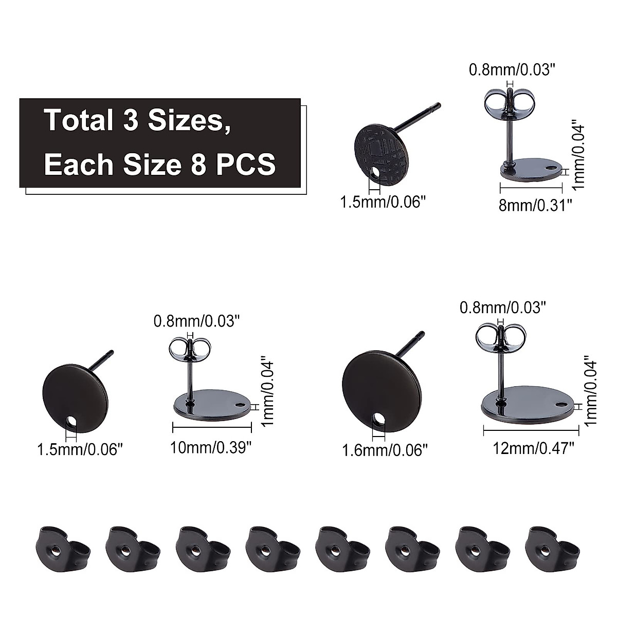 UNICRAFTALE 24pcs 3 Sizes Stainless Steel Stud Earring Flat Round Earrings Posts Black Ear Stud with Loop and Ear Nuts Metal Earrings Stud for Earring Jewelry Making