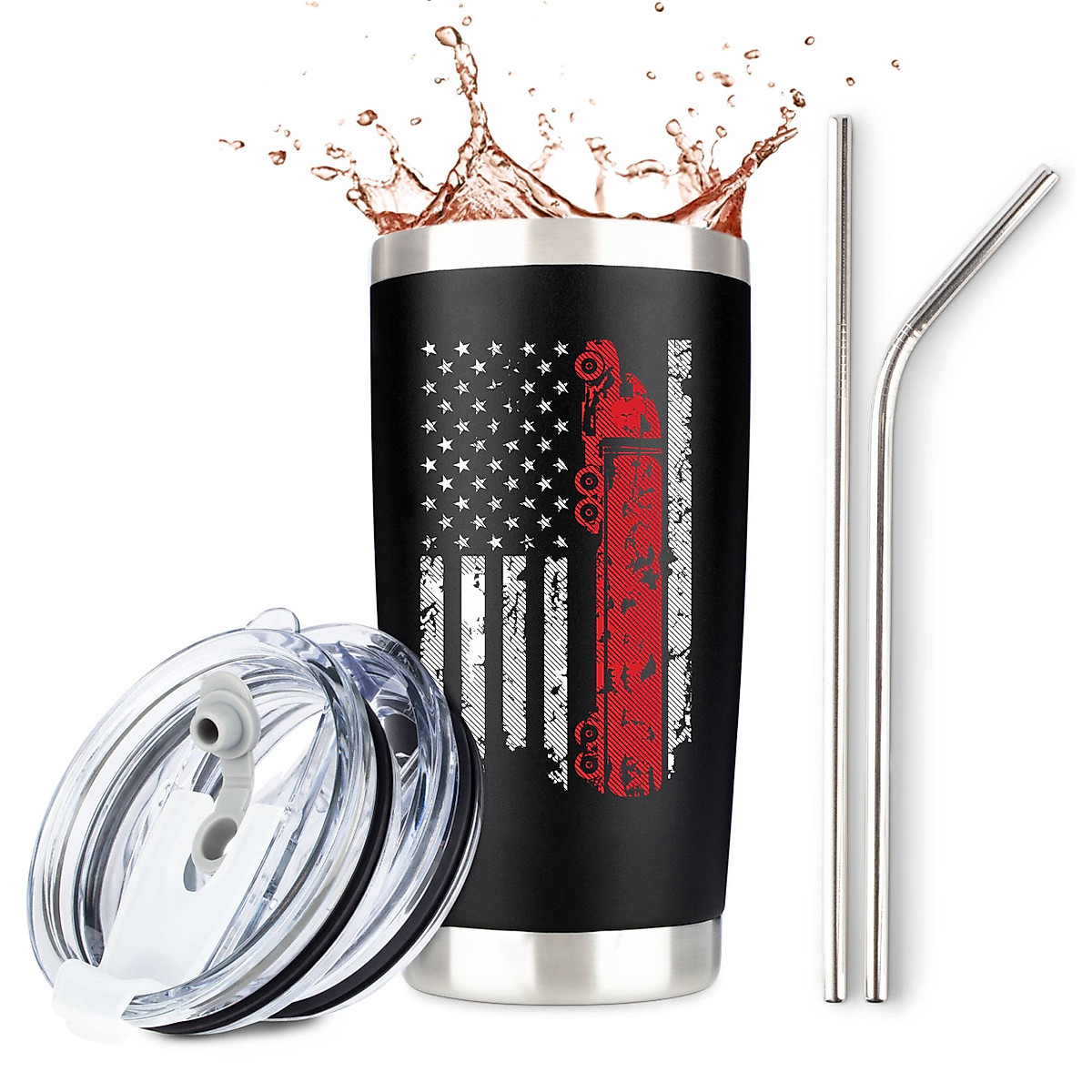 JENVIO Truck Driver Gifts | Stainless Steel Travel Mug Tumbler with Lid and 2 Straws and Gift Box | Men Tow Trucker Dad Accessories Flag from Family Daughter Husband Coffee/Mug Cup