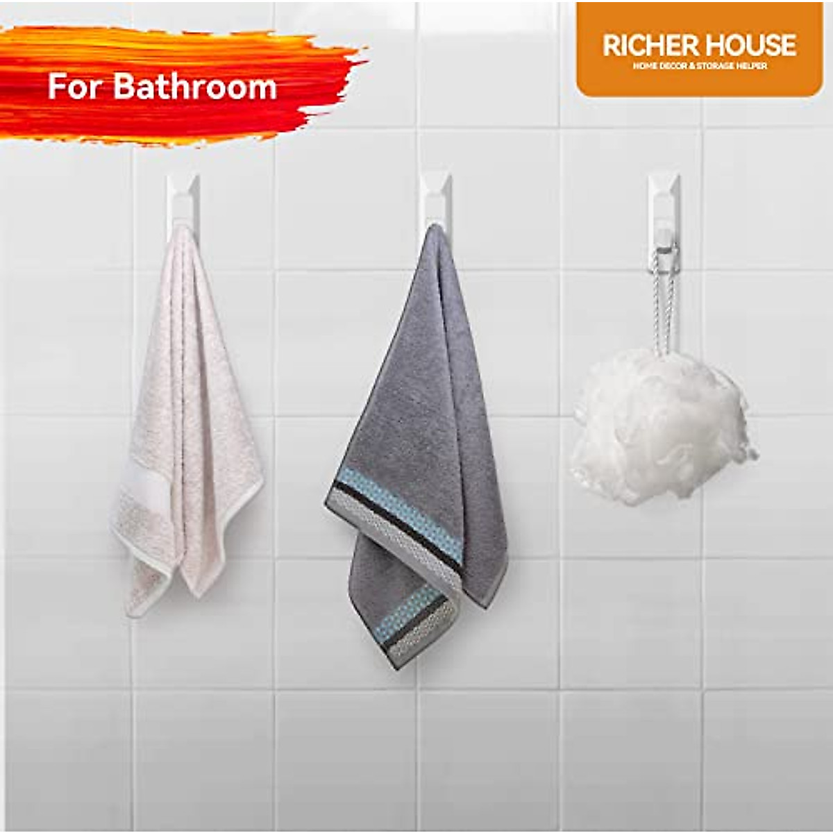 RICHER HOUSE 16 Pcs Utility Hooks for Hanging with 22 Adhesive Strips, Damage-Free Hangers for Wall Hanging, Plastic White Hooks for Hanging Heavy Duty, Remove Cleanly Sticky Wall Hangers - White