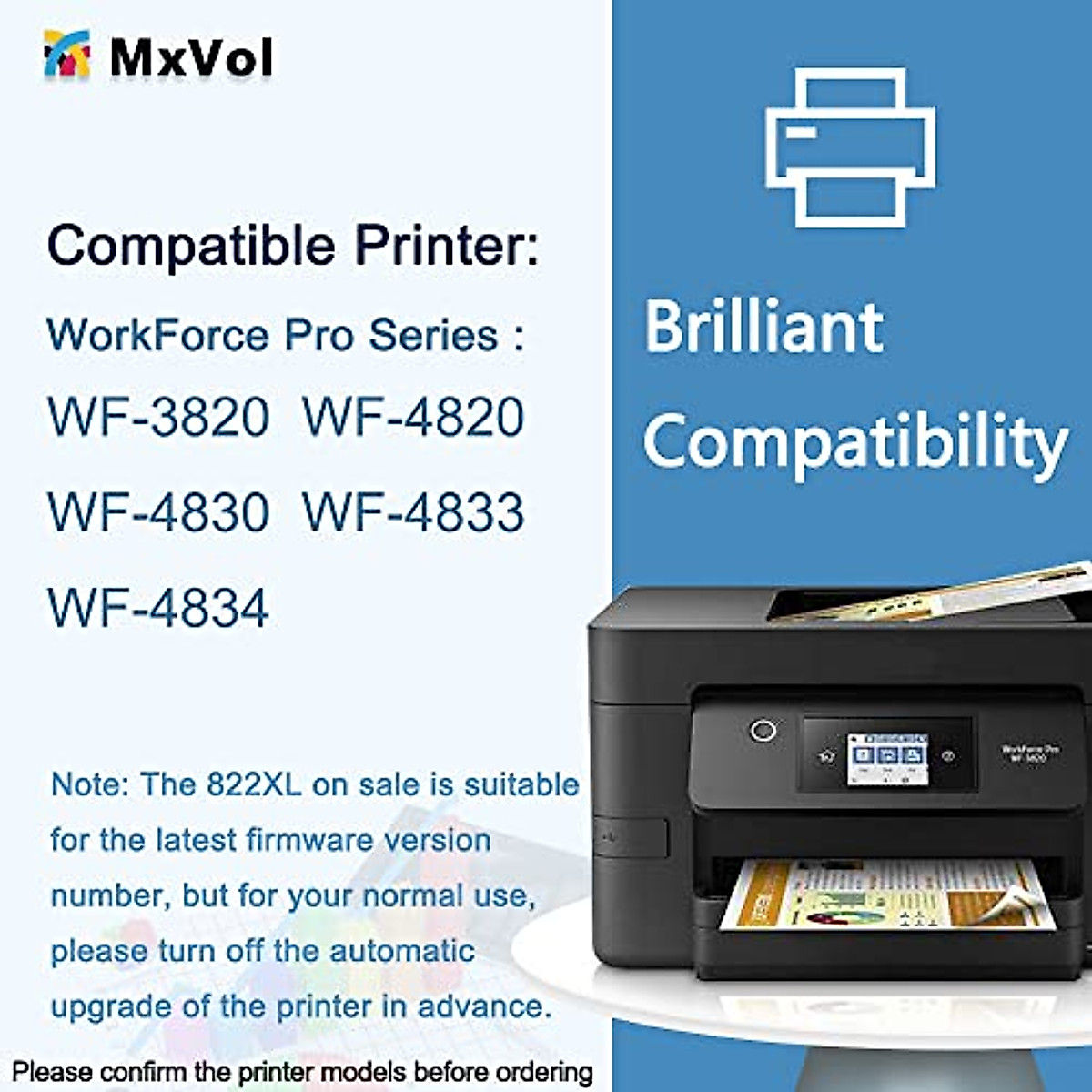 MxVol 822XL Remanufactured Ink Cartridge Replacement for Epson 822XL 822 XL T822XL High Yield to use with EPSON Workforce Pro WF-3820 WF-4820 WF-4830 WF-4833 WF-4834 (Black Cyan Magenta Yellow 4-Pack)