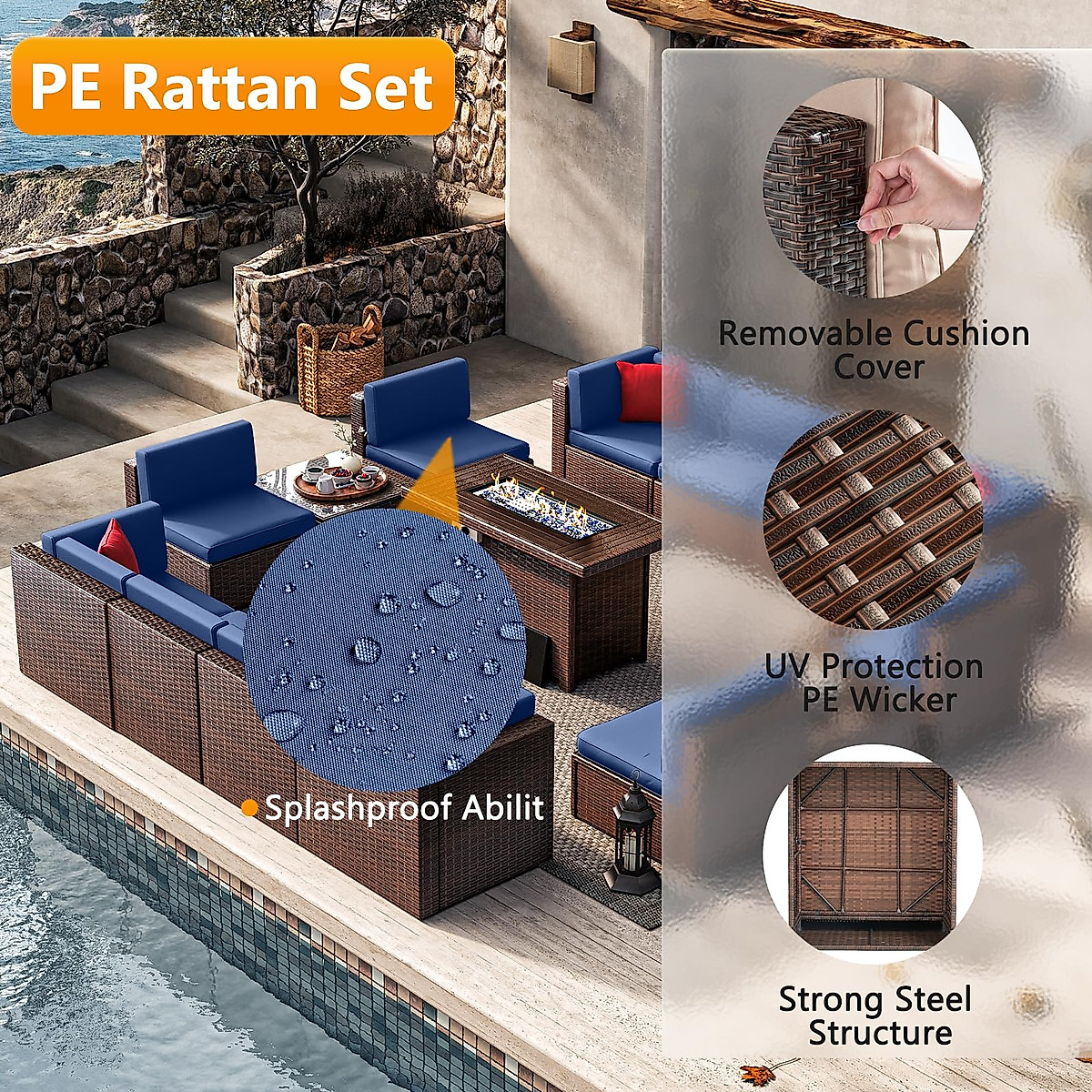 Jolydale Patio Furniture 15 Pieces Outdoor Furniture Set with 40" Fire Pit Table Wicker Rattan Sectional Conversation Set with Coffee Table for Patio, Garden, and Backyard (Blue)