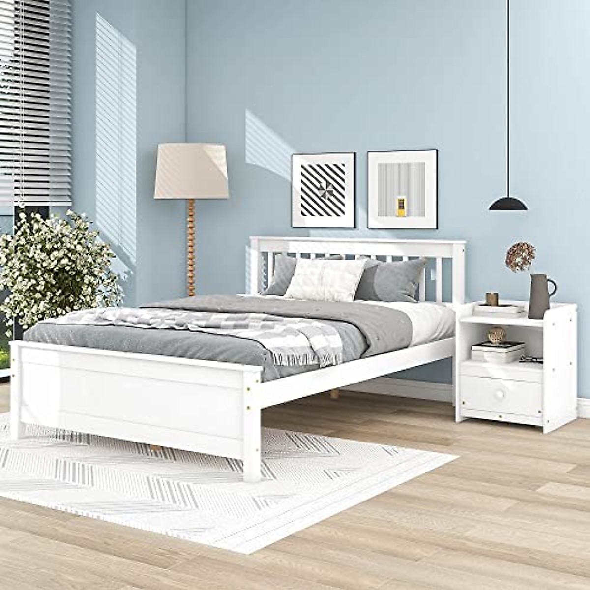 Anwick Twin Bed Frame Wood Slats Platform Twin Size Bed Frame with Headboard, No Box Spring Required Single Platform Bed Frame for Girls Boys (White)