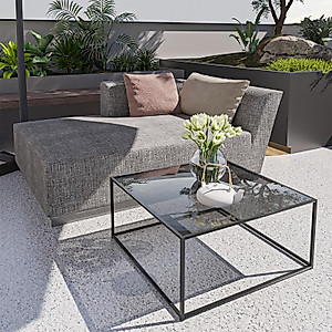 Glass Coffee Tables for Living Room Square Modern Center Table for Small Space,Tempered Glass-top with Sturdy Metal Frame Sofa Side End Table, Easy Assembly,26.4 x 26.4 x 15.7 Inches, Gray Black