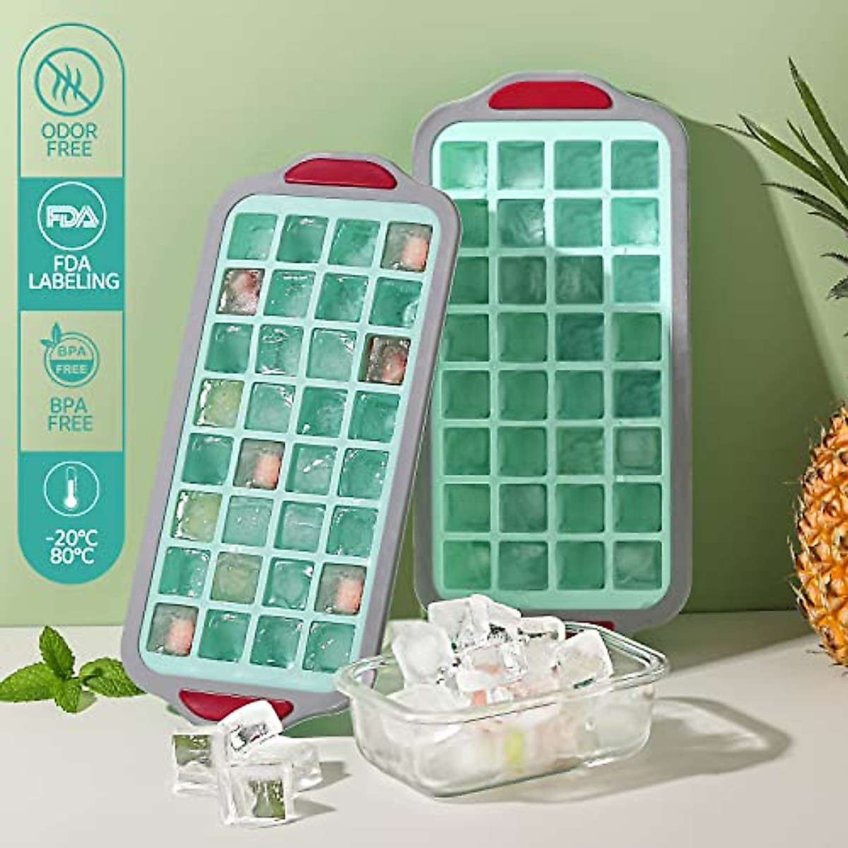 JBYAMUS Ice Cube Trays with Lid, 2 Pack Ice Cube Trays for Freezer, Hard Frame Design is Easy to Pick up Without Deforming and Spilling, Soft Silicone Base, Easy to Release and BPA Free. (Green)