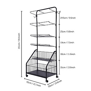 CNCEST 36.1x16.54x46.5inch Movable Sports Ball Storage Organizer, Sports Equipment Rack,2 Hooks+2 Storage Bins +4 Wire Basket Garage Glove Holder,for Garage/Storage Room
