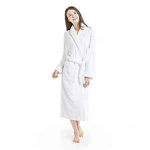 INK+IVY Soft Kimono Robes for Women Terrycloth Ladies Bathrobe with Pocket and Belt, Collar & Cuff Trim, White L/XL