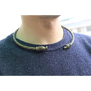 LANSEIS viking wolf necklace Viking Wolf Head Fenrir Torc Neck Ring Ragnar Handmade Heavy Twisted Brass Wire Pagan Norse