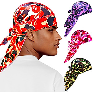 4Pcs Durag Set Silk Durag for Men Designer Durag Printed Do Rag with Long Tail Durag Hip Hop Turban Colorful Headband for Mens Braid Dread
