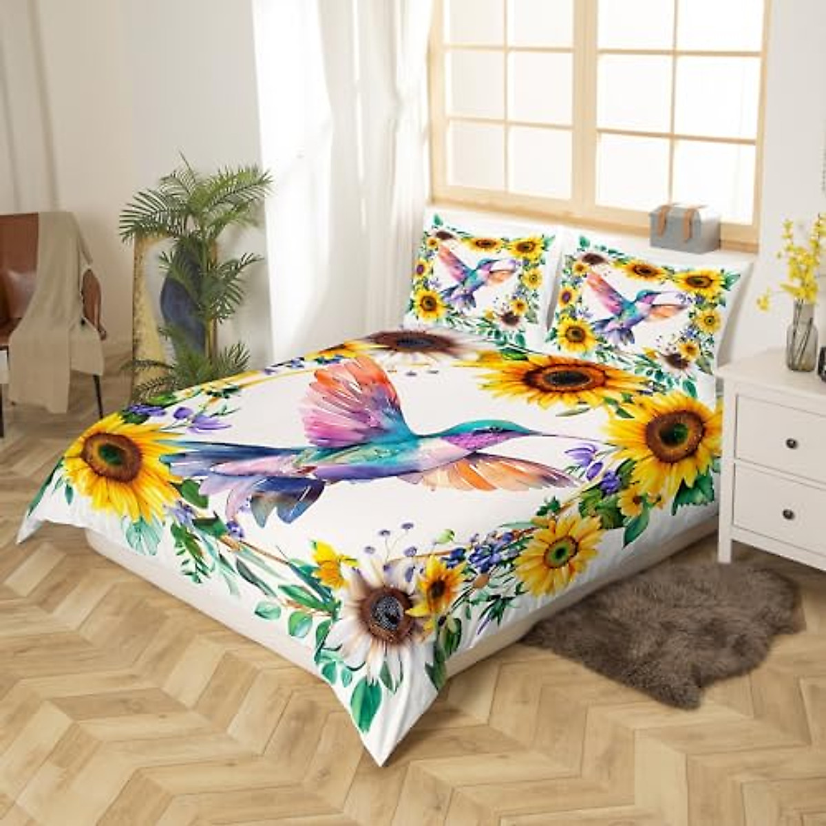 Erosebridal Girls Hummingbird King Bedding Set Rustic Sunflower Comforter Cover for Kids Women Garden Watercolor Bird Flowers Duvet Cover Farmhouse Botanical Leaves Floral Bed Set 2 Pillow Cases