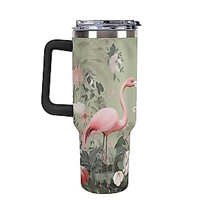 40 Oz Flamingo Insulated Stainless Steel Tumbler with Handle & Straw Lid, Reusable Travel Cupholder Friendly Mug for Coffee, Water, Tea