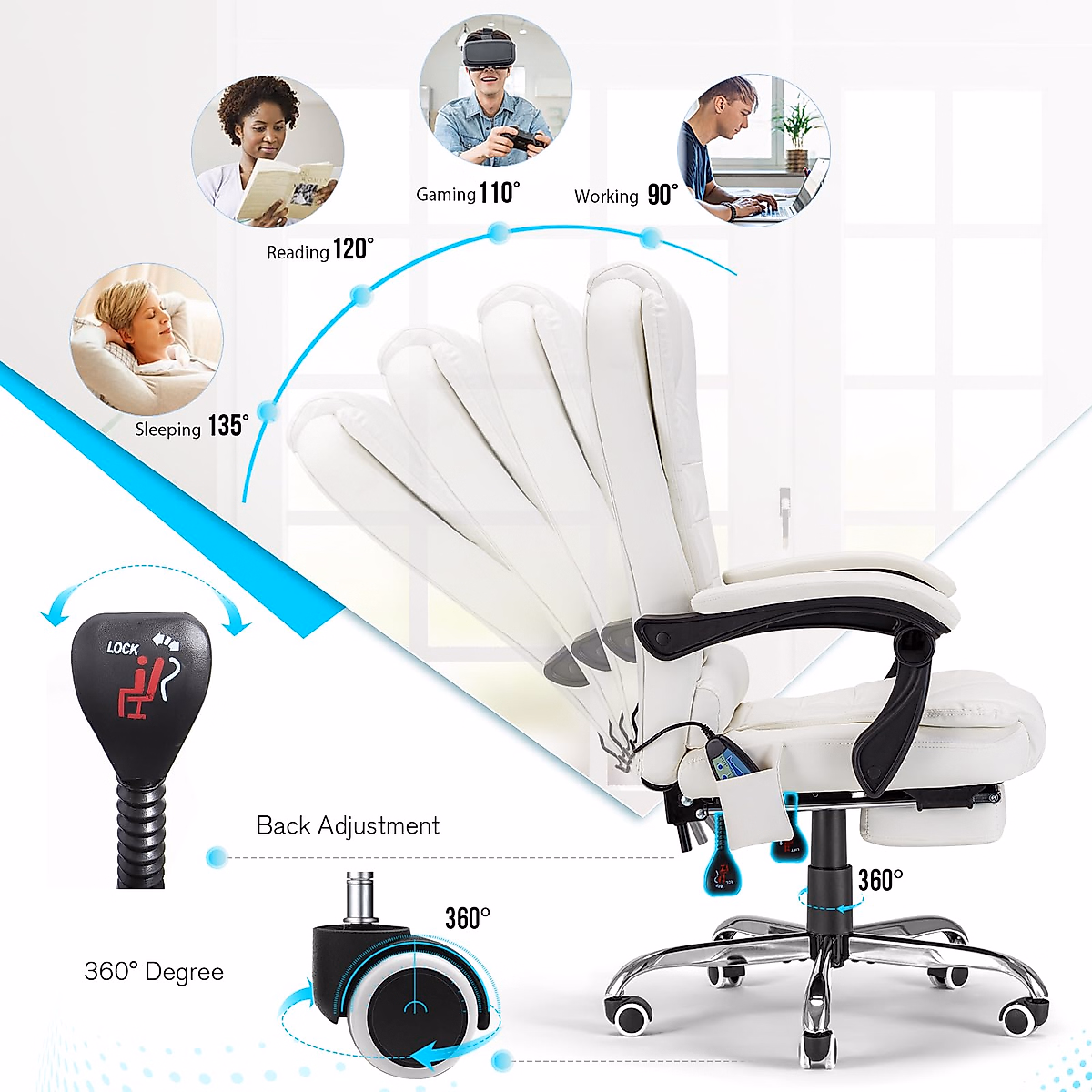 YODOLLA Executive Office Chair with 7 Points Massage&Heat Function, High Back Office Chair w/Footrest Reclining Swivel Home Office Chair, PU Leather Desk Chair, White