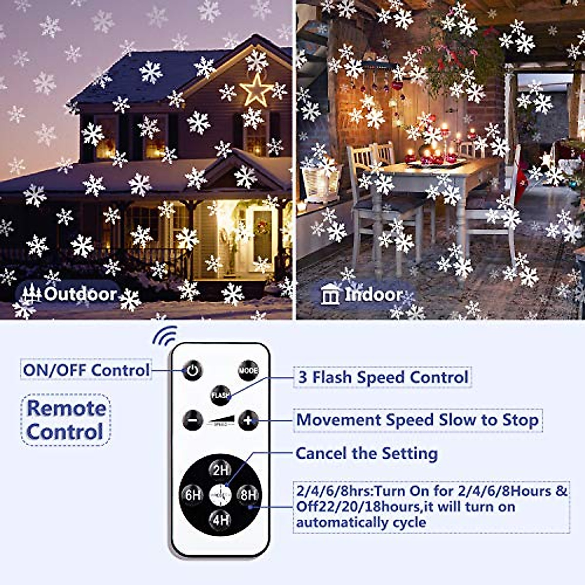Christmas Projector Lights Outdoor, Holiday Snow Projector with Wireless Remote Control for Landscape Decorative Snowflake Lighting on Christmas New Year Birthday Party Covering House in Snow Flakes