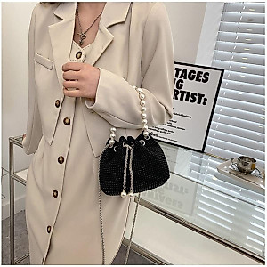 Mini Crossbody Shoulder Evening Bag Shinny Bling Clutch Purse Bucket Pearl Strap Handbag for Women (White)